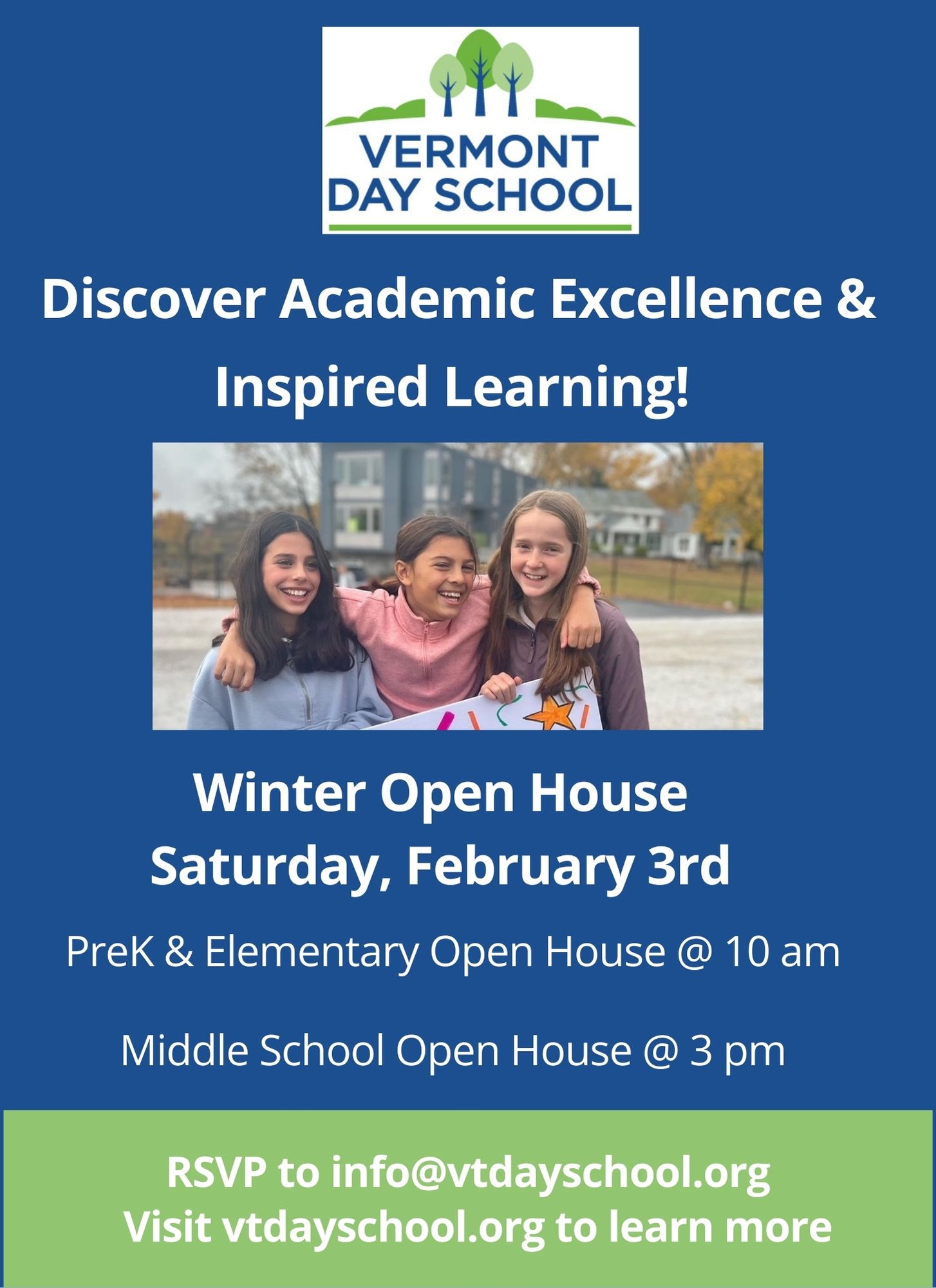 February 3 – PreK & Elementary Open House (10 am) – Vermont Day School